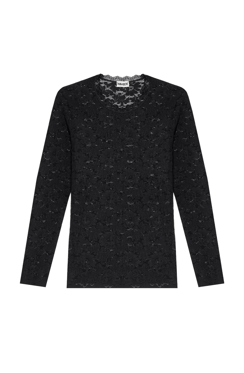 tissia top col rond manches longues en dentelle noir - Pain de Sucre